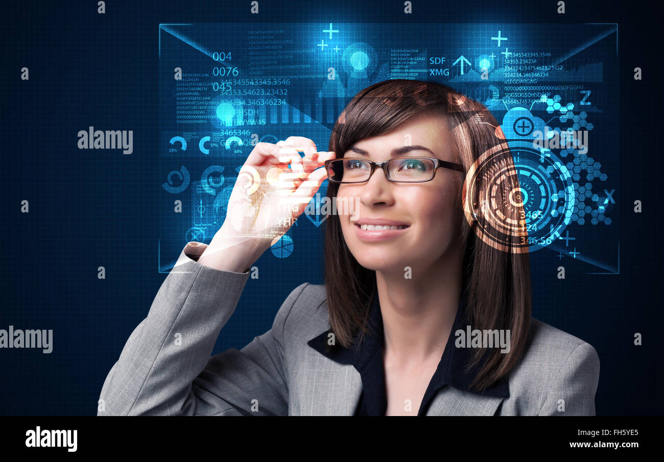 Young woman looking with futuristic smart high tech glasses Stock Photo ...