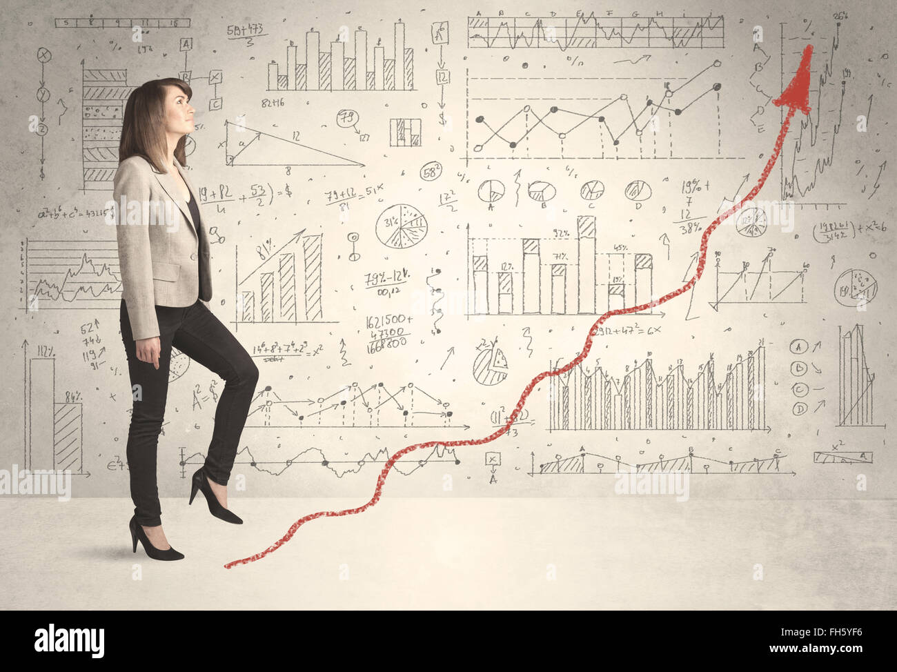 Business woman climbing on red graph arrow concept Stock Photo - Alamy