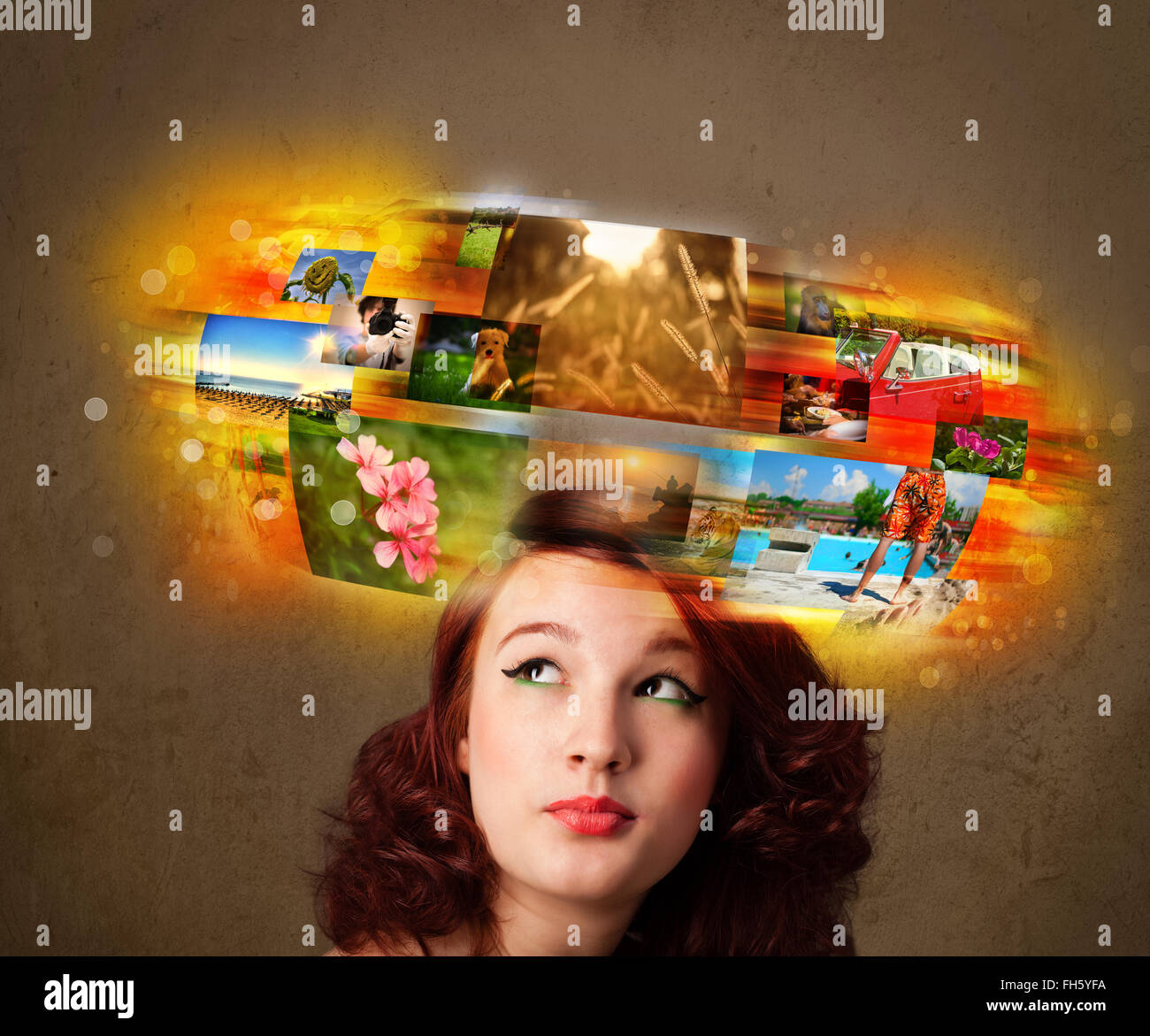girl with colorful glowing photo memories concept Stock Photo - Alamy