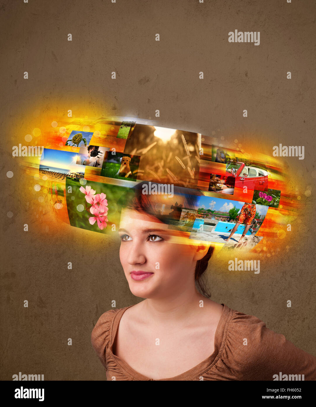 girl with colorful glowing photo memories concept Stock Photo - Alamy