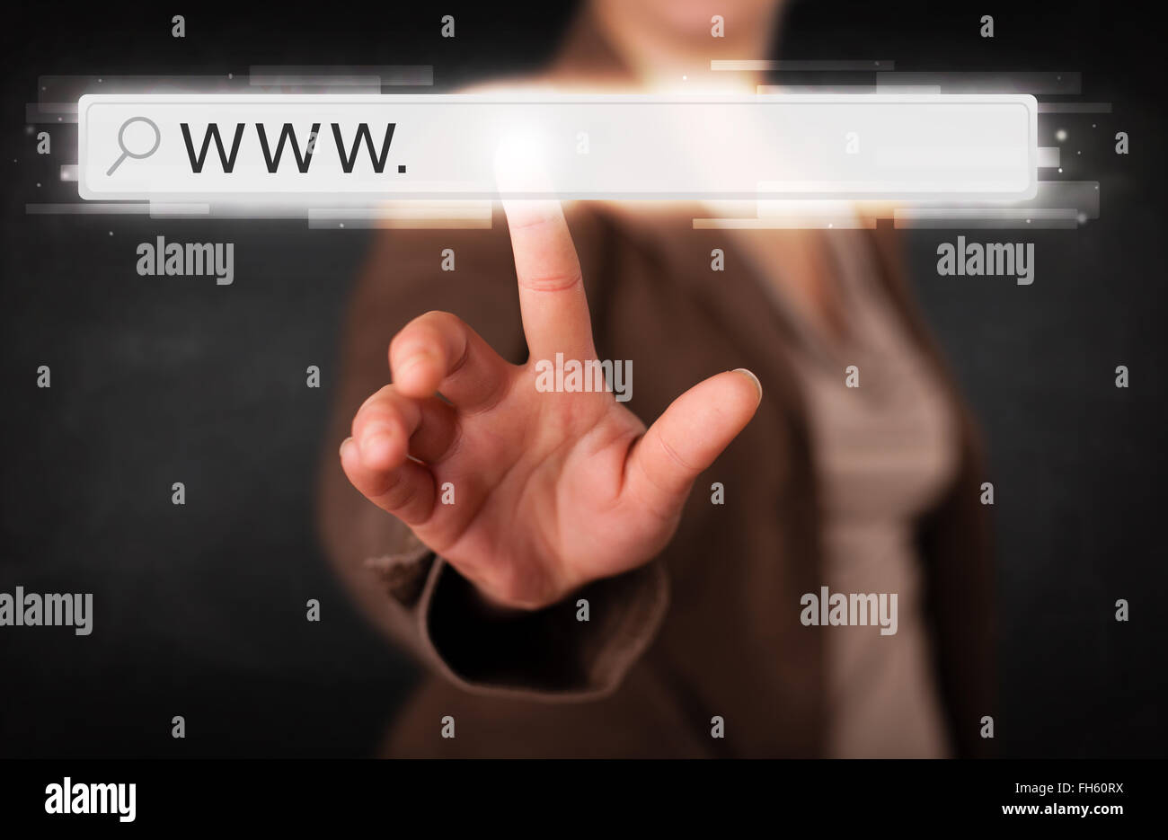 Young businesswoman touching web browser address bar with www sign ...