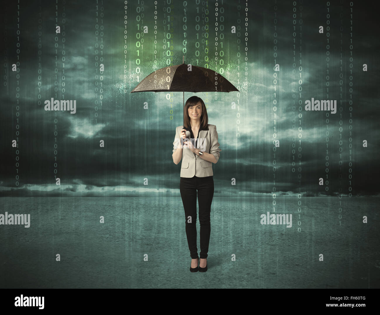 Business woman standing with umbrella data protection concept Stock ...