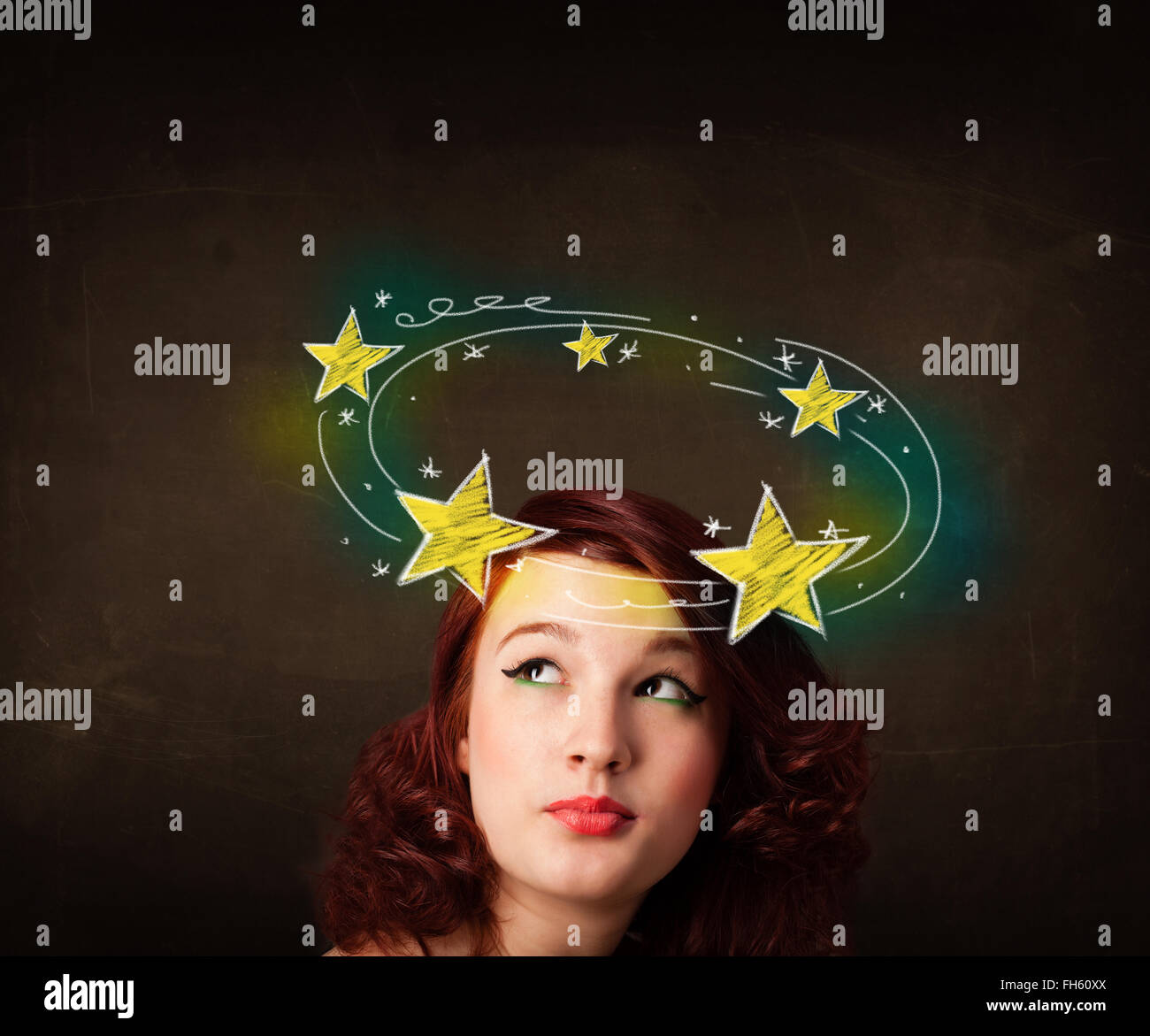 girl with yellow stars circleing around her head illustration Stock ...