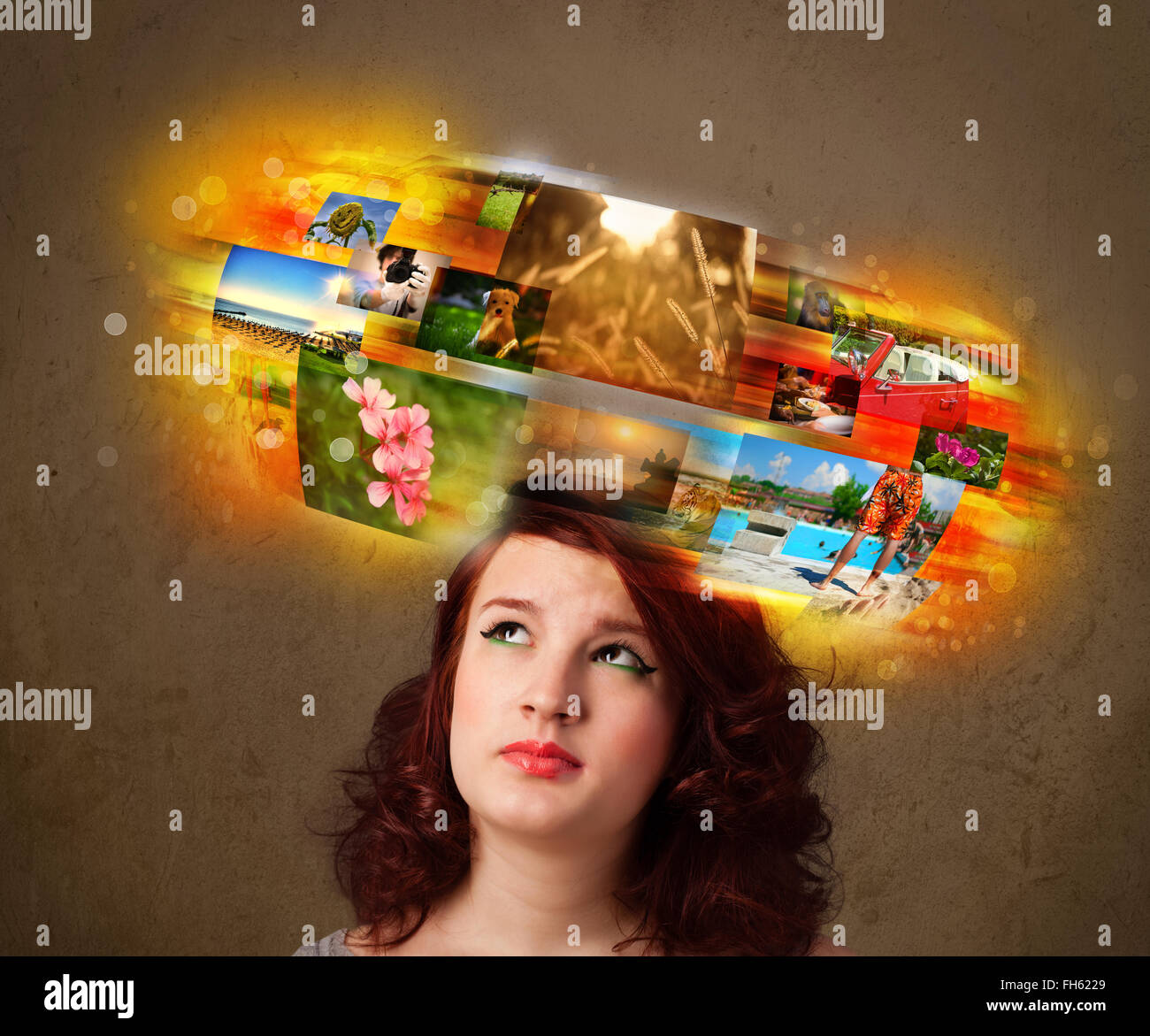 girl with colorful glowing photo memories concept Stock Photo - Alamy