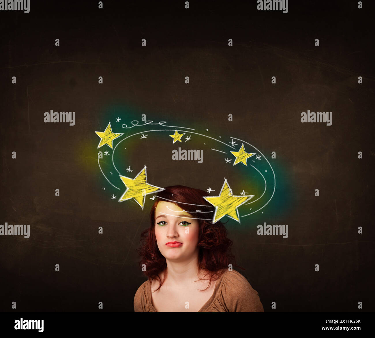 girl with yellow stars circleing around her head illustration Stock ...