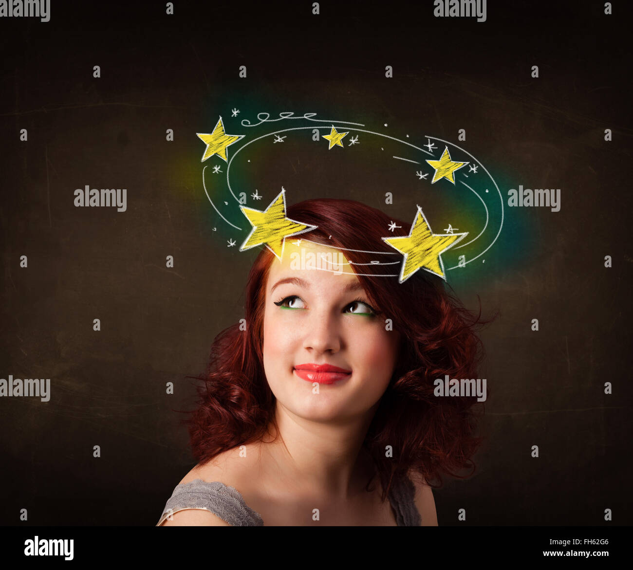 girl with yellow stars circleing around her head illustration Stock ...