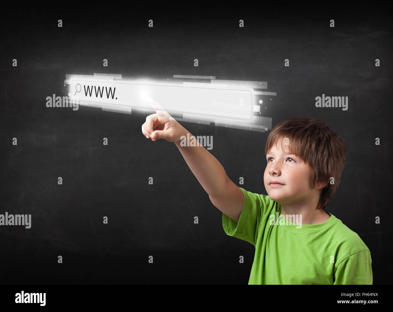 Young boy touching web browser address bar with www sign Stock Photo ...