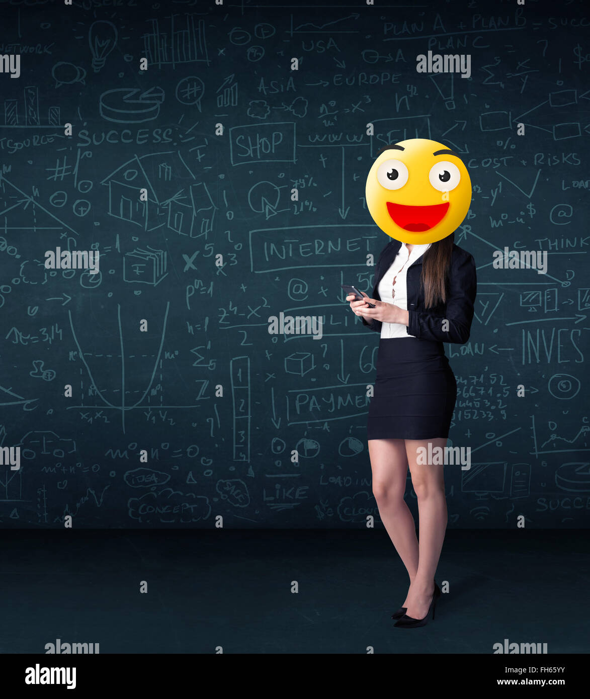 businesswoman wears yellow smiley face Stock Photo - Alamy