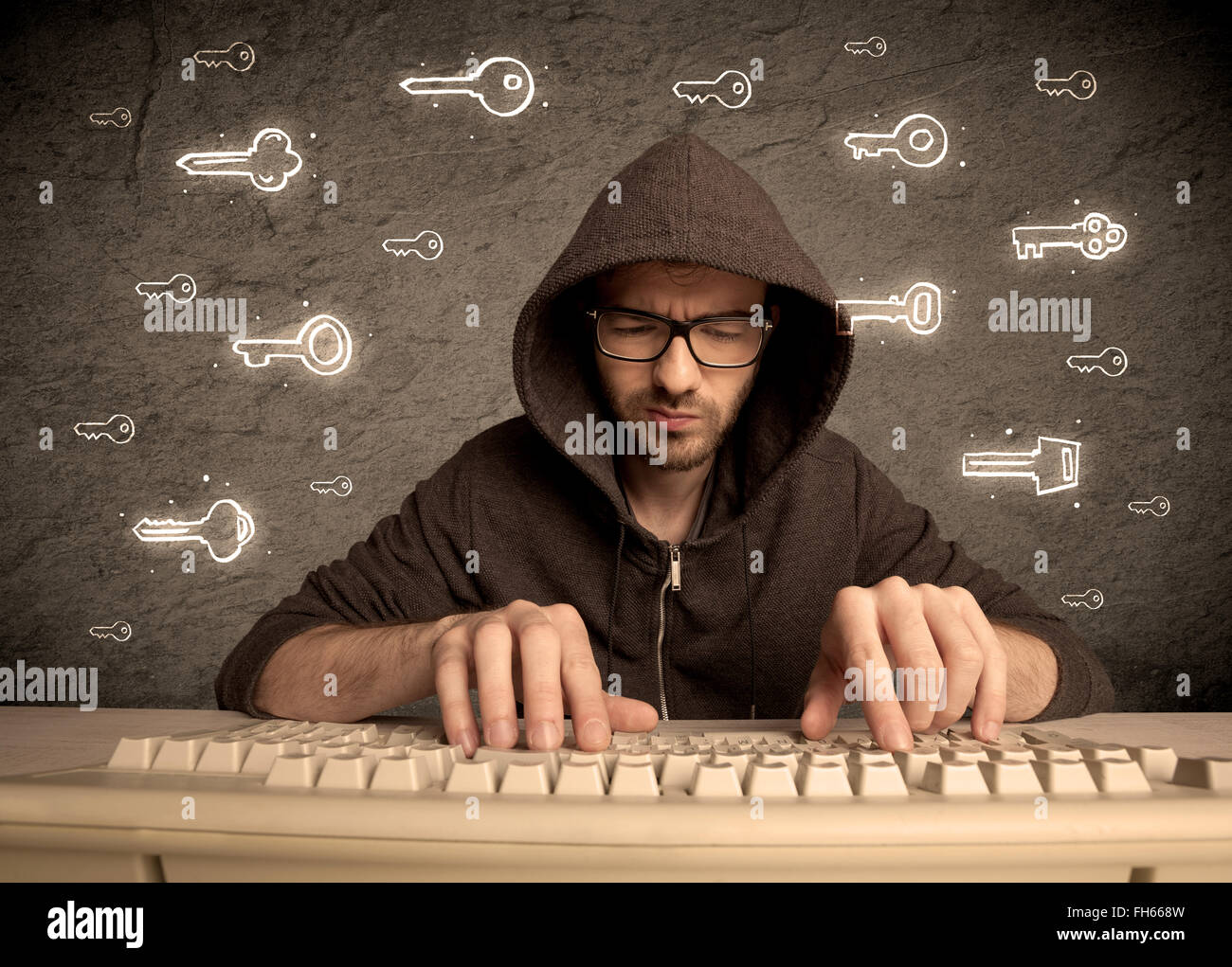 Hacker nerd guy with drawn password keys Stock Photo - Alamy