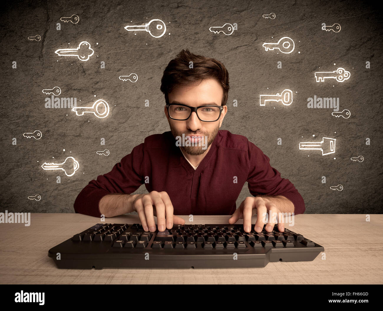 Hacker nerd guy with drawn password keys Stock Photo - Alamy