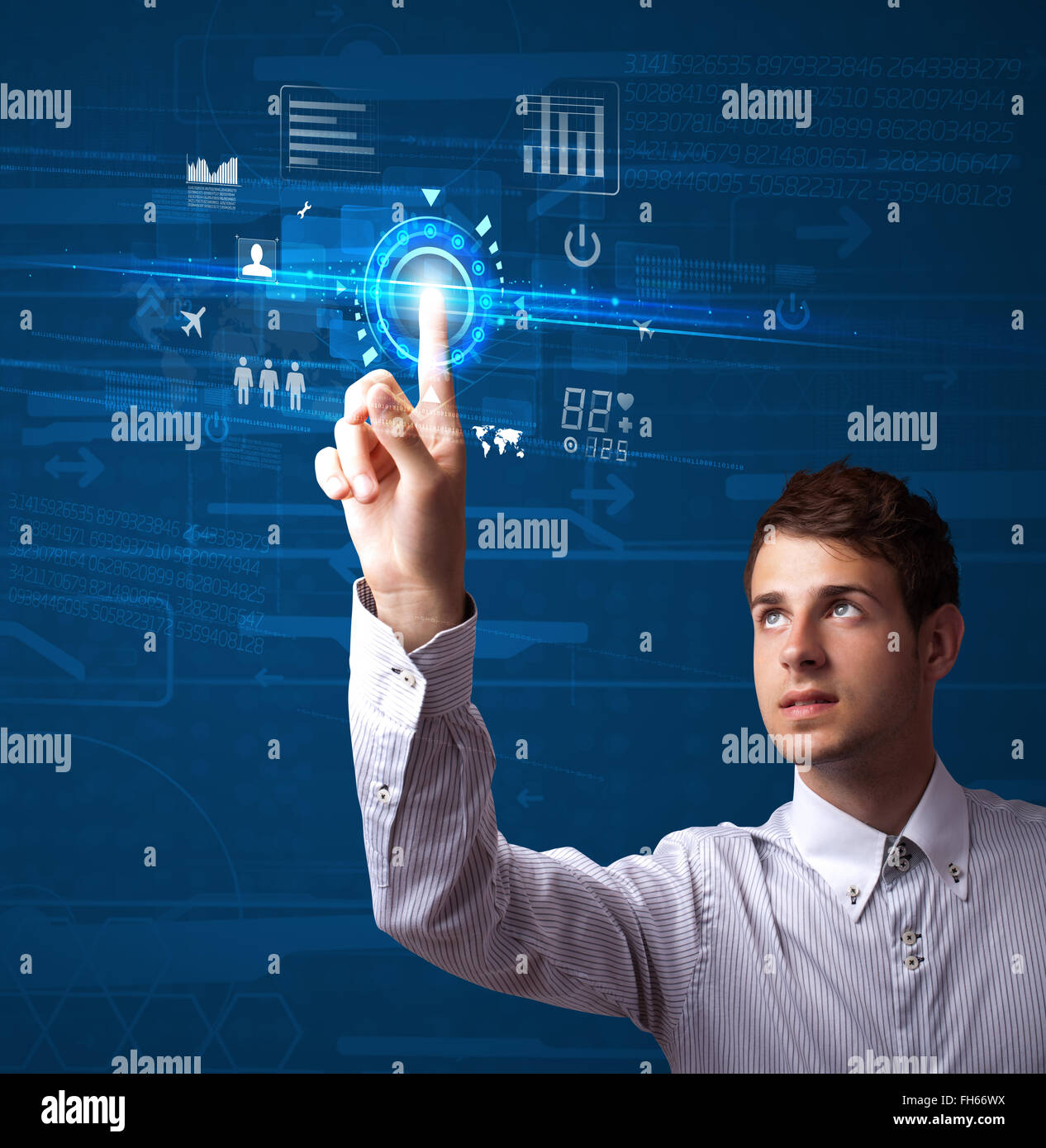 Handsome businessman touching future web technology buttons and icons ...