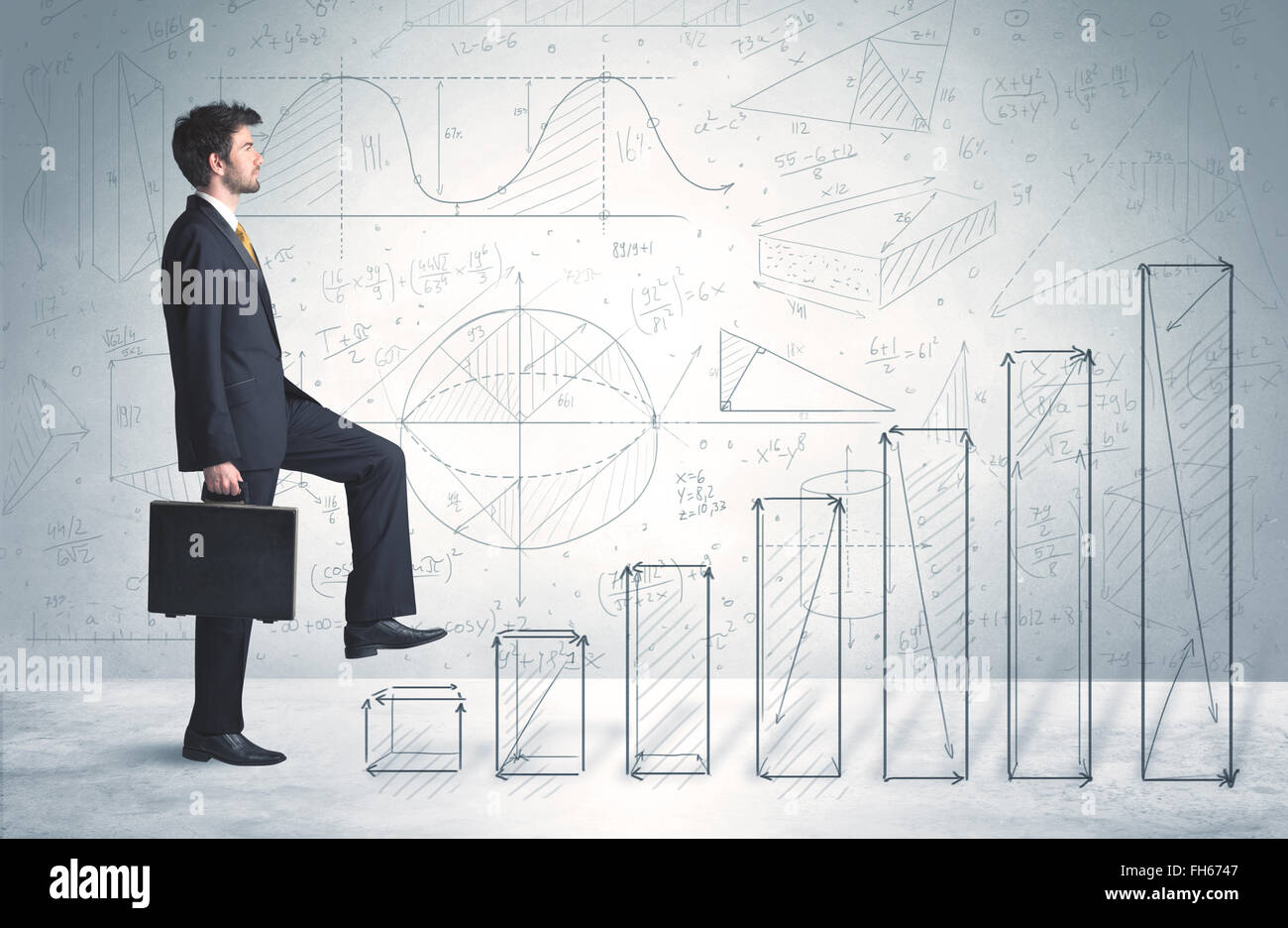 Business man climbing up on hand drawn graphs concept Stock Photo - Alamy