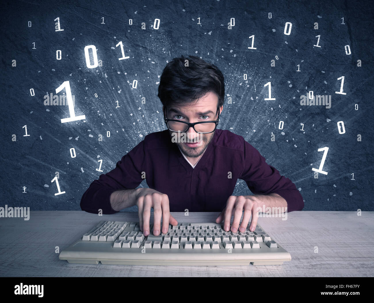 Online intruder geek guy hacking codes Stock Photo - Alamy