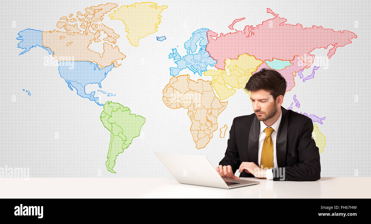 Business man with colorful world map background Stock Photo - Alamy