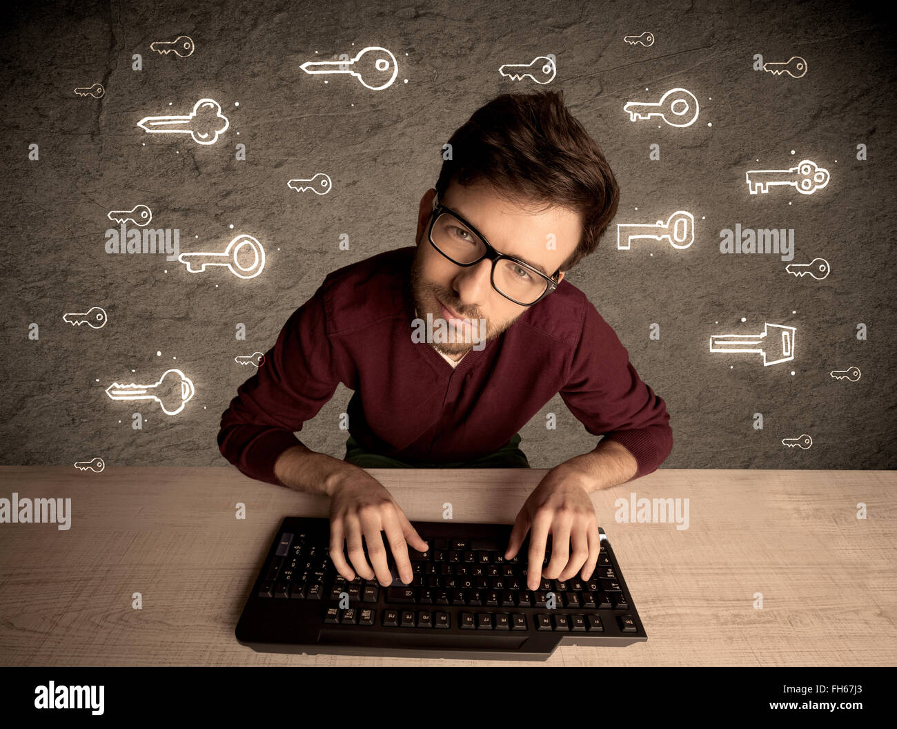 Hacker nerd guy with drawn password keys Stock Photo - Alamy