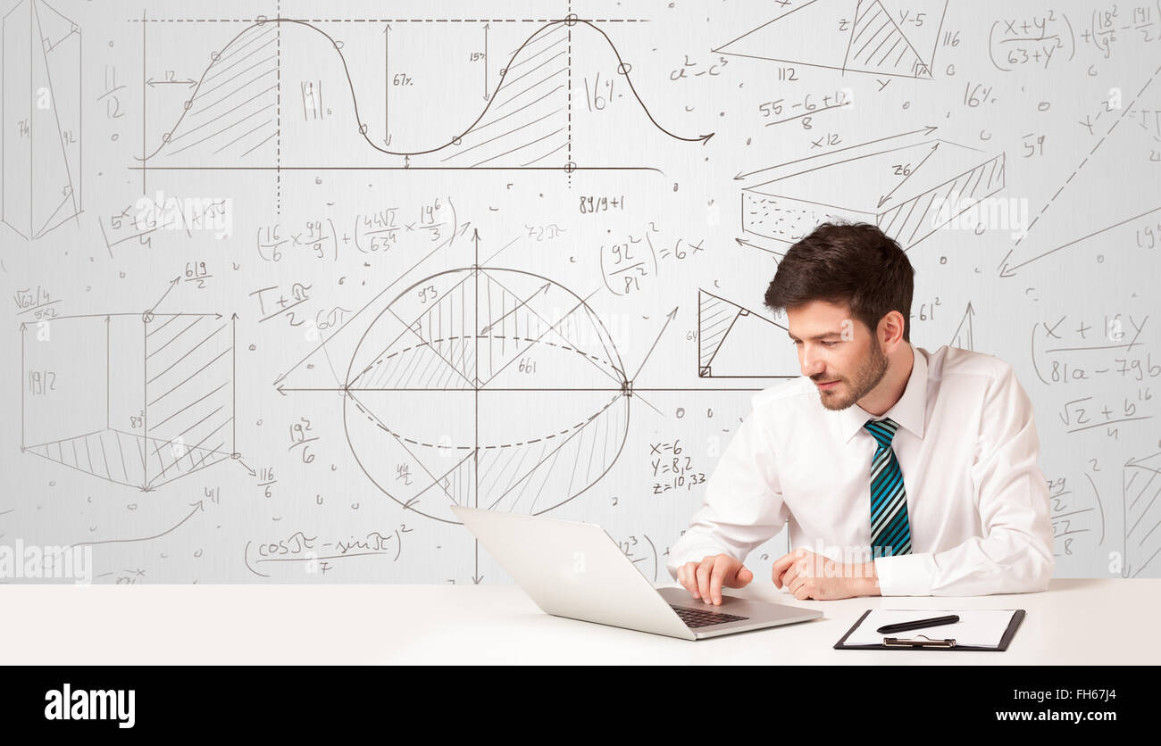 Businessman with business calculations background Stock Photo - Alamy
