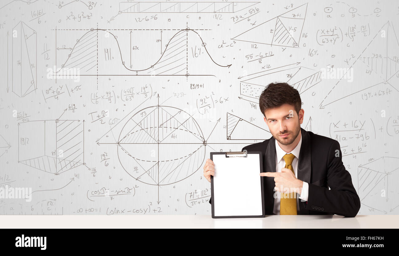Businessman with business calculations background Stock Photo - Alamy