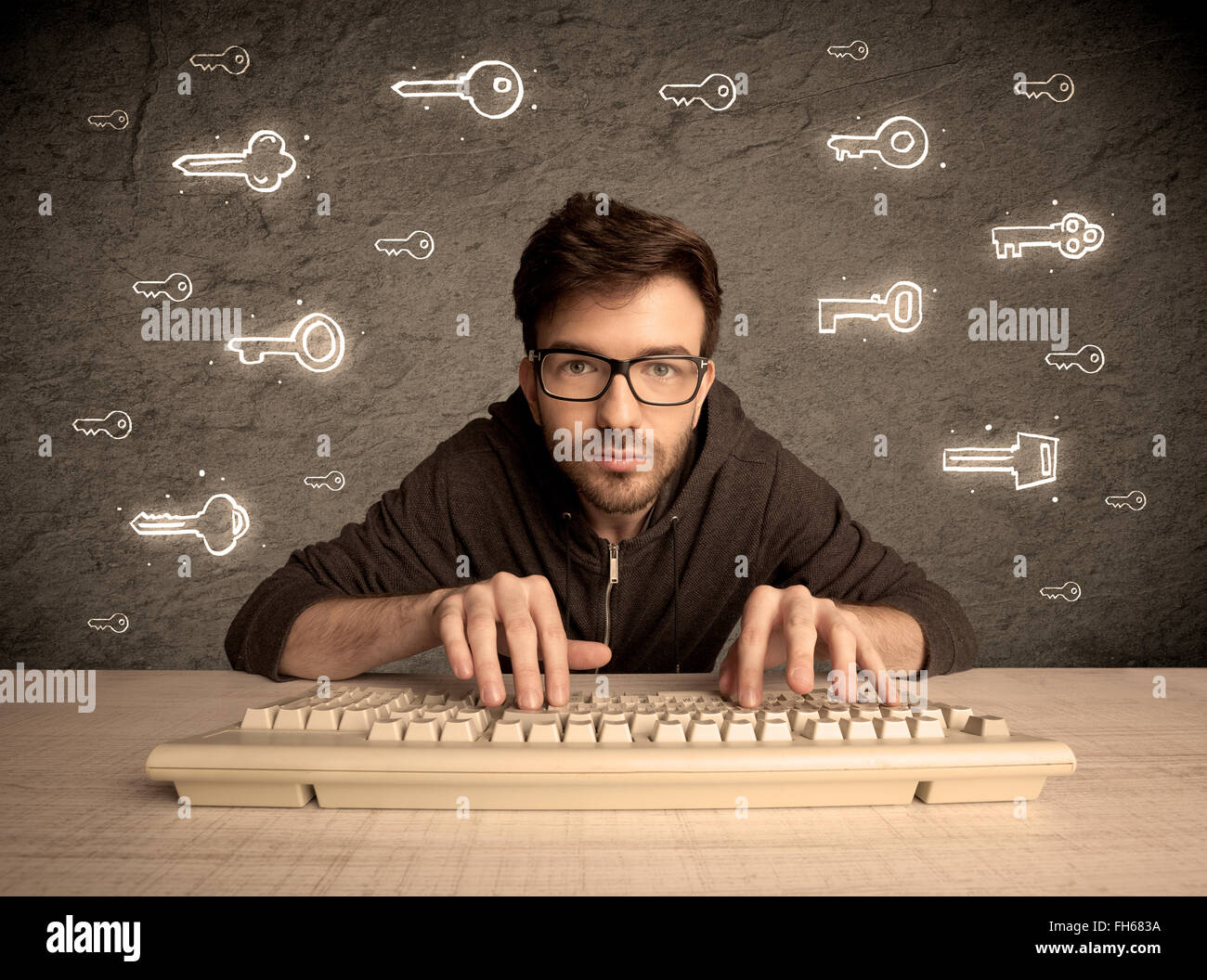 Hacker nerd guy with drawn password keys Stock Photo - Alamy