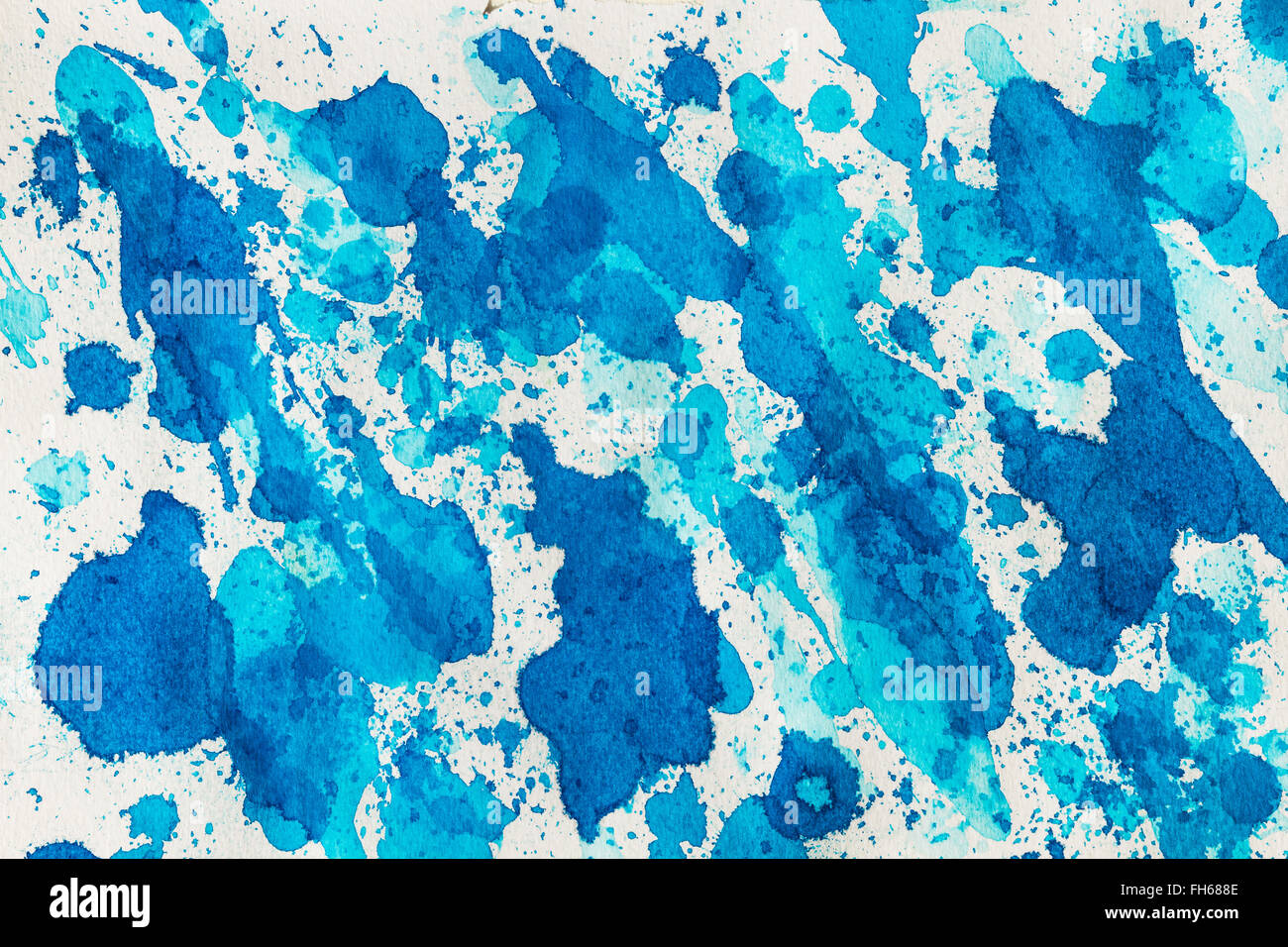 Watercolor blue abstract with ink blots on white grainy paper. To use ...