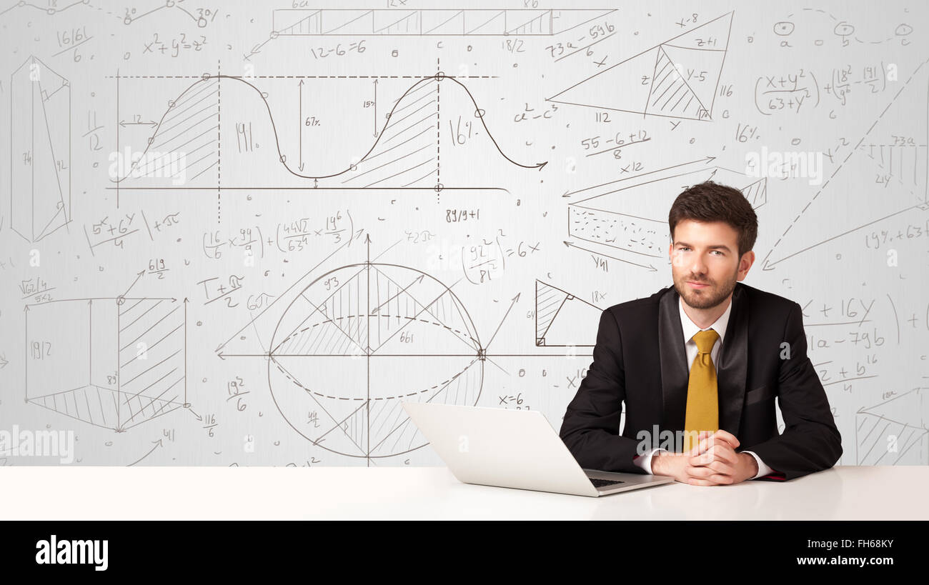 Businessman with business calculations background Stock Photo - Alamy