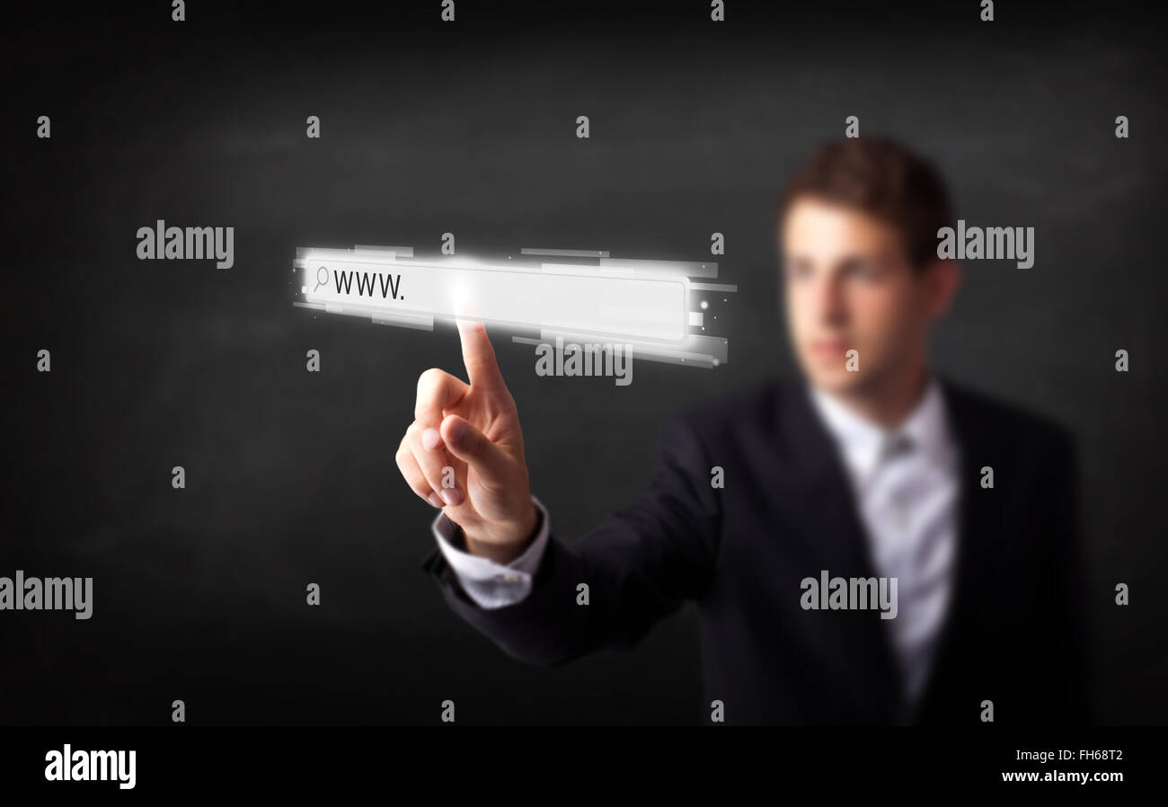 Young businessman touching web browser address bar with www sign Stock ...