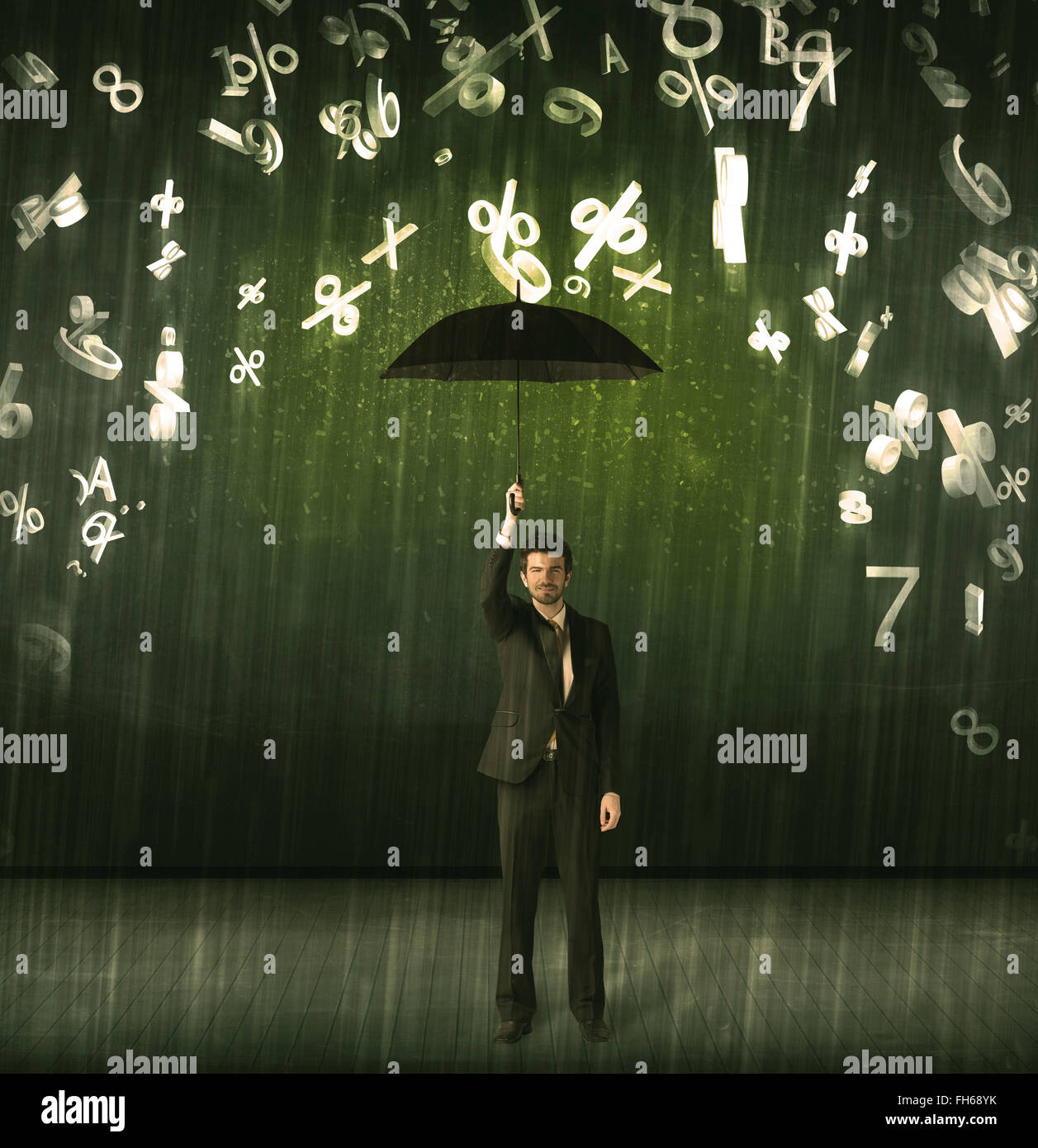 Businessman standing with umbrella and 3d numbers raining concept Stock ...