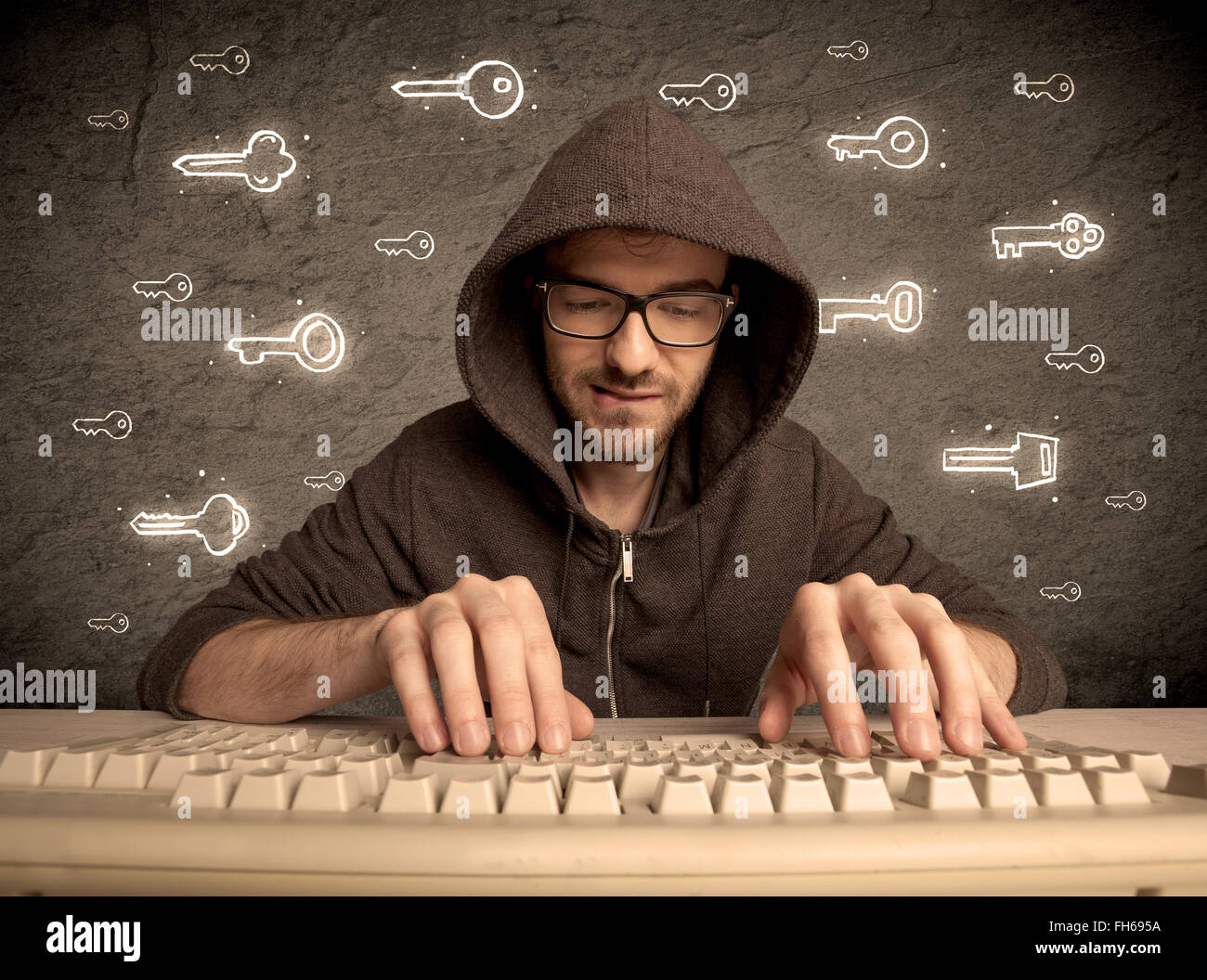 Hacker nerd guy with drawn password keys Stock Photo - Alamy