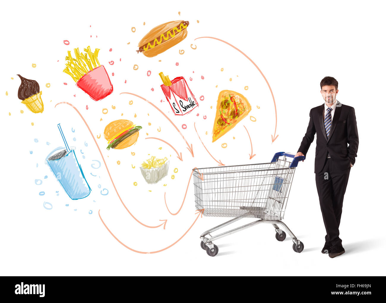 Man with shopping cart with toxic junk food Stock Photo - Alamy