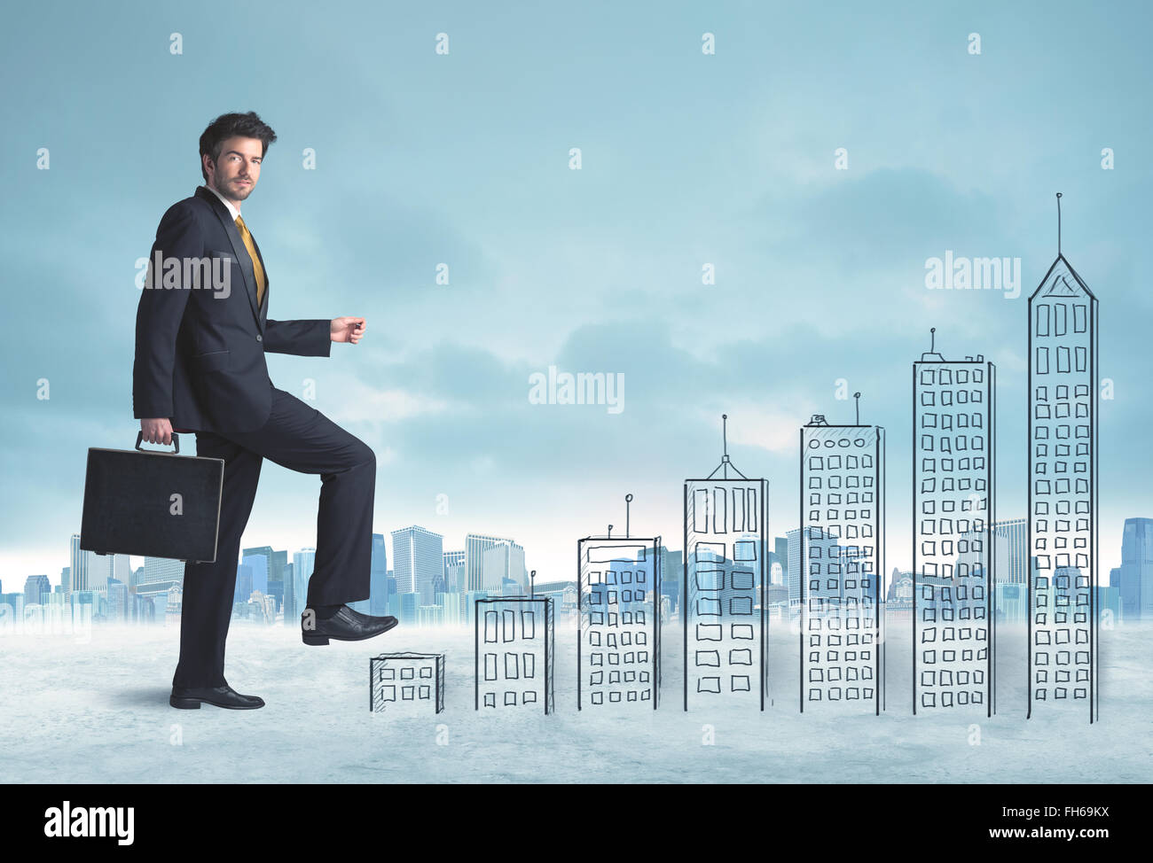 Business man climbing up on hand drawn buildings in city Stock Photo ...
