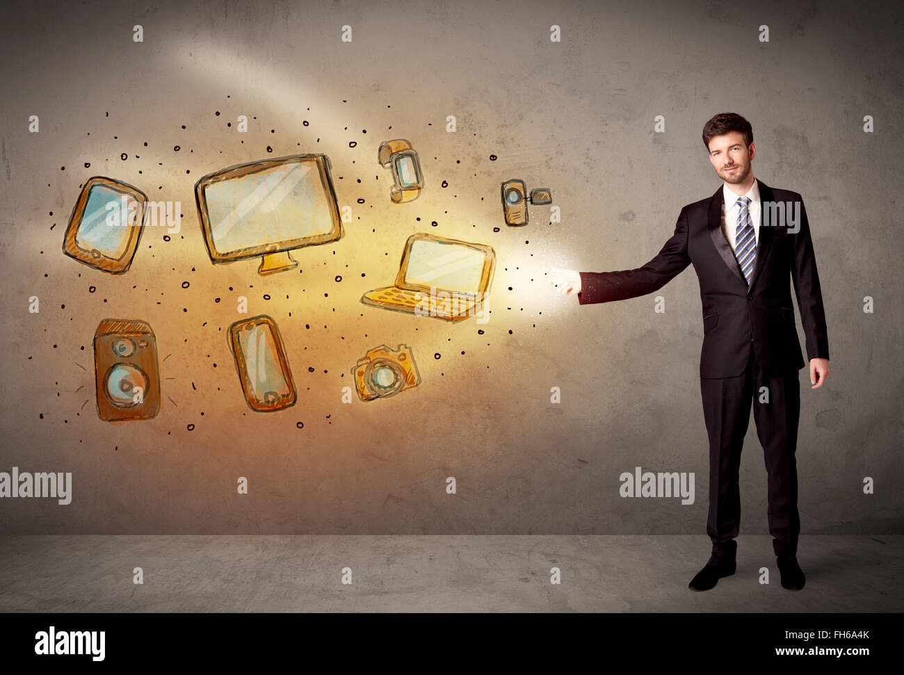 Man throwing hand drawn electronical devices Stock Photo - Alamy