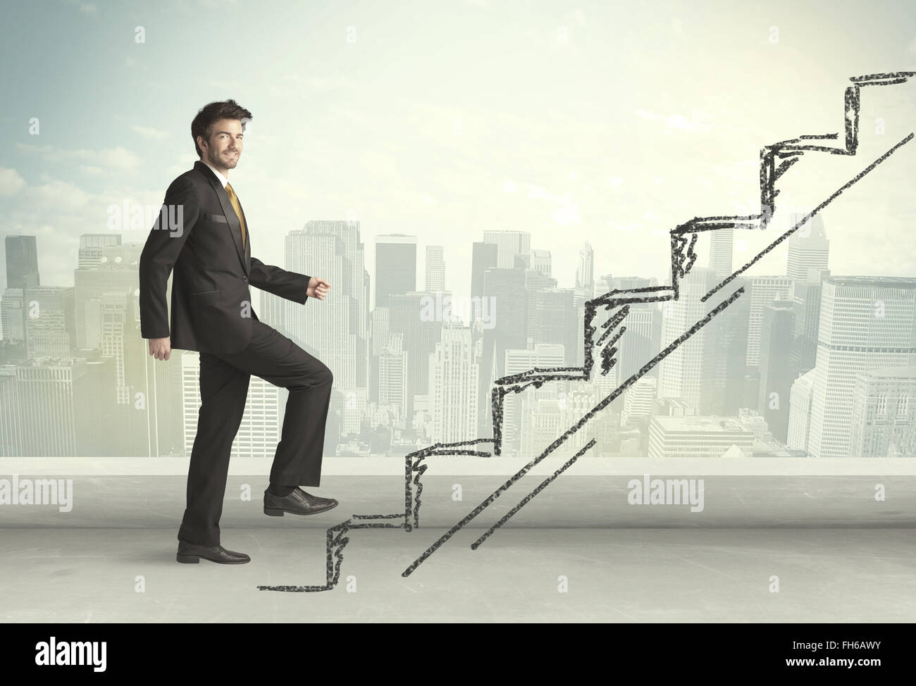 Business man climbing up on hand drawn staircase concept Stock Photo ...