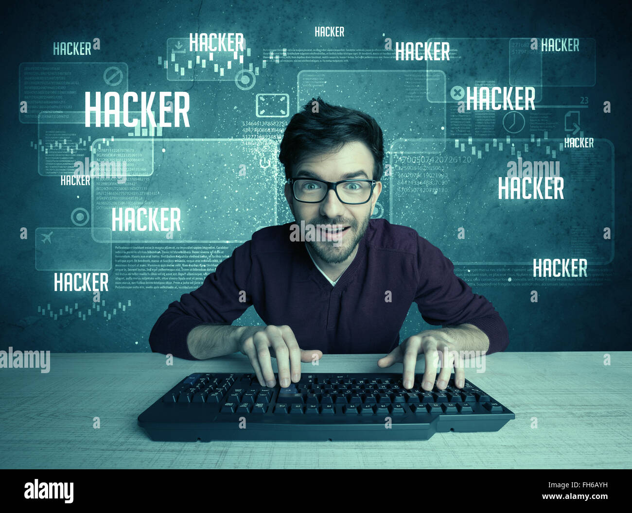 Hacker with keyboard and glasses Stock Photo - Alamy