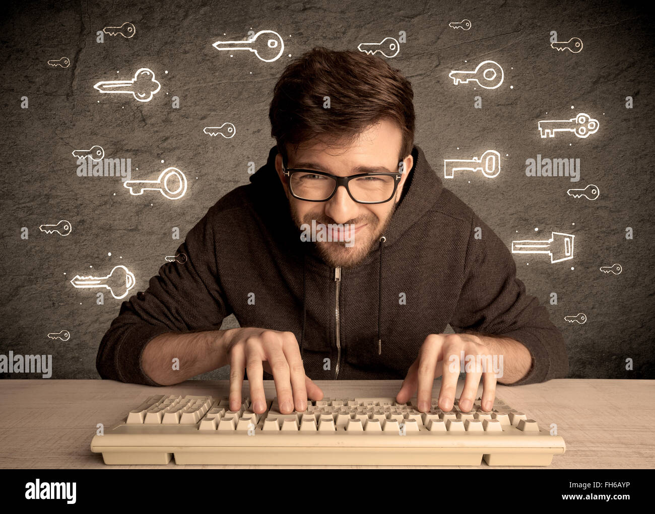 Hacker nerd guy with drawn password keys Stock Photo - Alamy