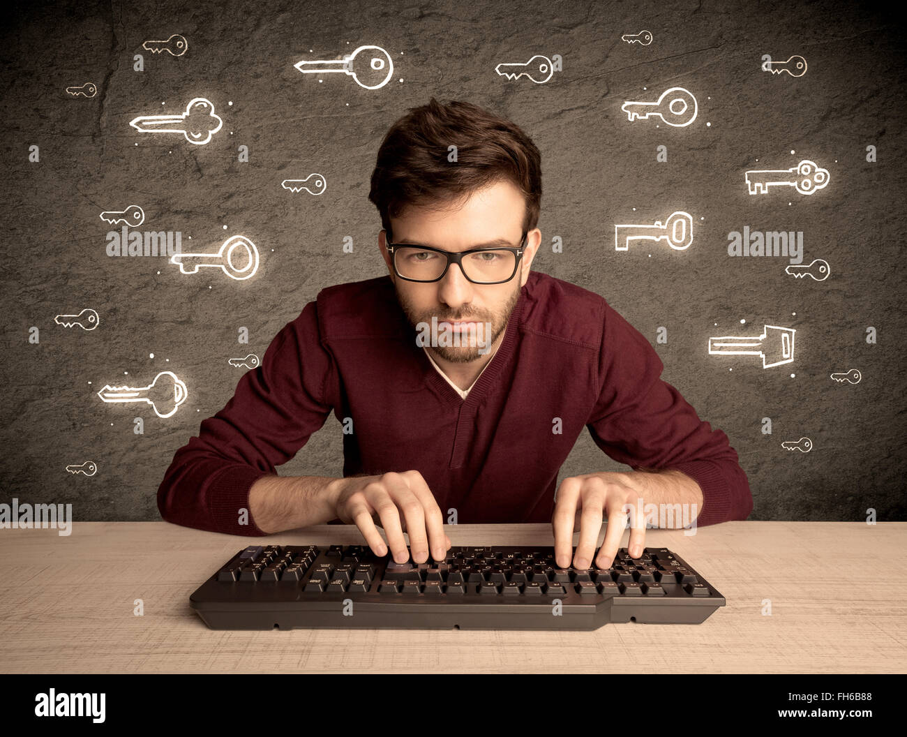 Hacker nerd guy with drawn password keys Stock Photo - Alamy