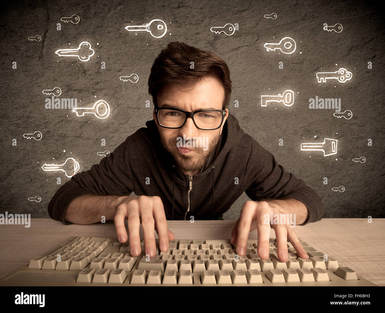 Hacker nerd guy with drawn password keys Stock Photo - Alamy