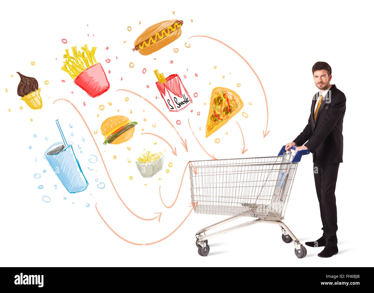 Man with shopping cart with toxic junk food Stock Photo - Alamy
