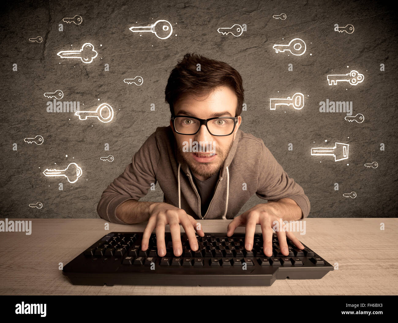 Hacker nerd guy with drawn password keys Stock Photo - Alamy