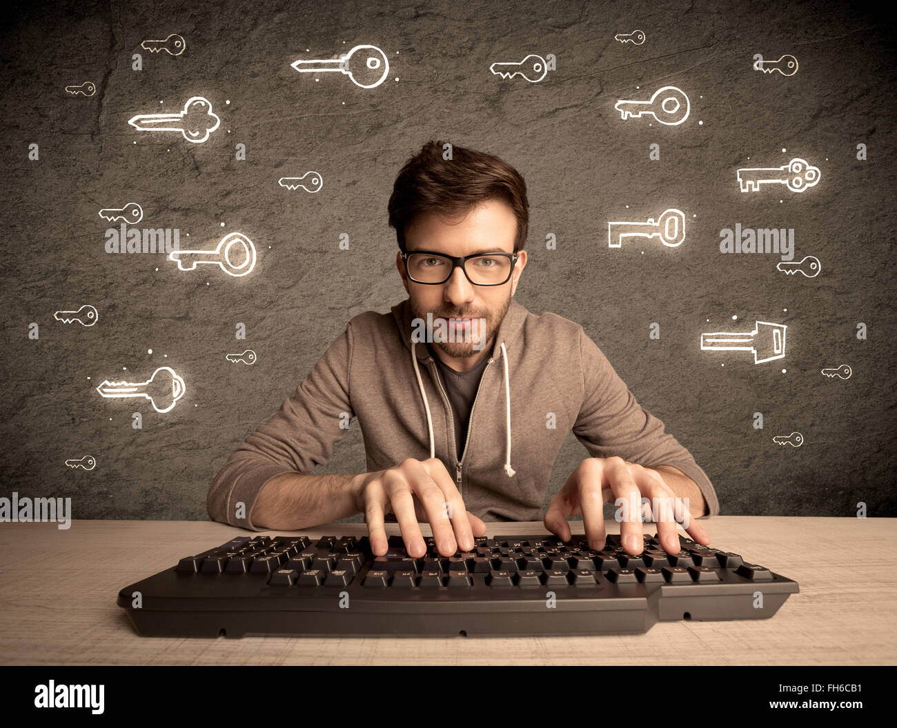 Hacker nerd guy with drawn password keys Stock Photo - Alamy
