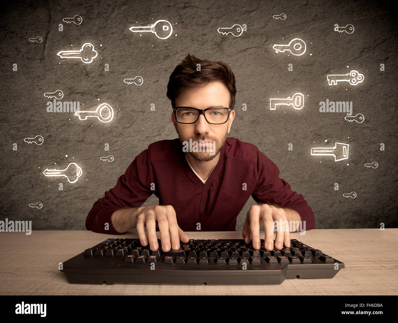 Hacker nerd guy with drawn password keys Stock Photo - Alamy