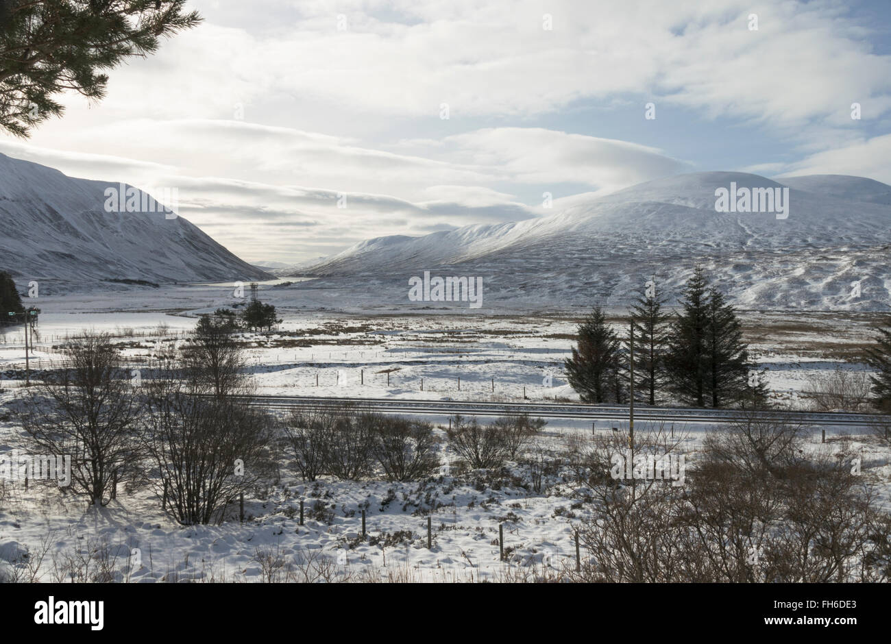 Scottish Highlands winter landscape looking southwest to river Garry ...