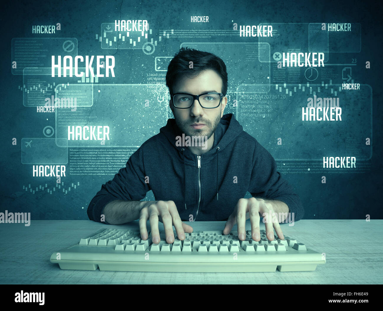 Hacker with keyboard and glasses Stock Photo - Alamy