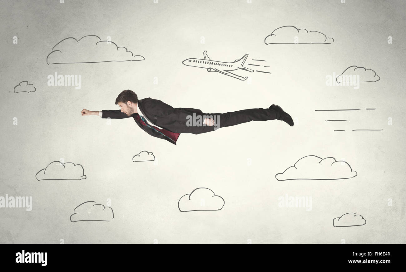 Cheerful business person flying between hand drawn sky clouds Stock ...