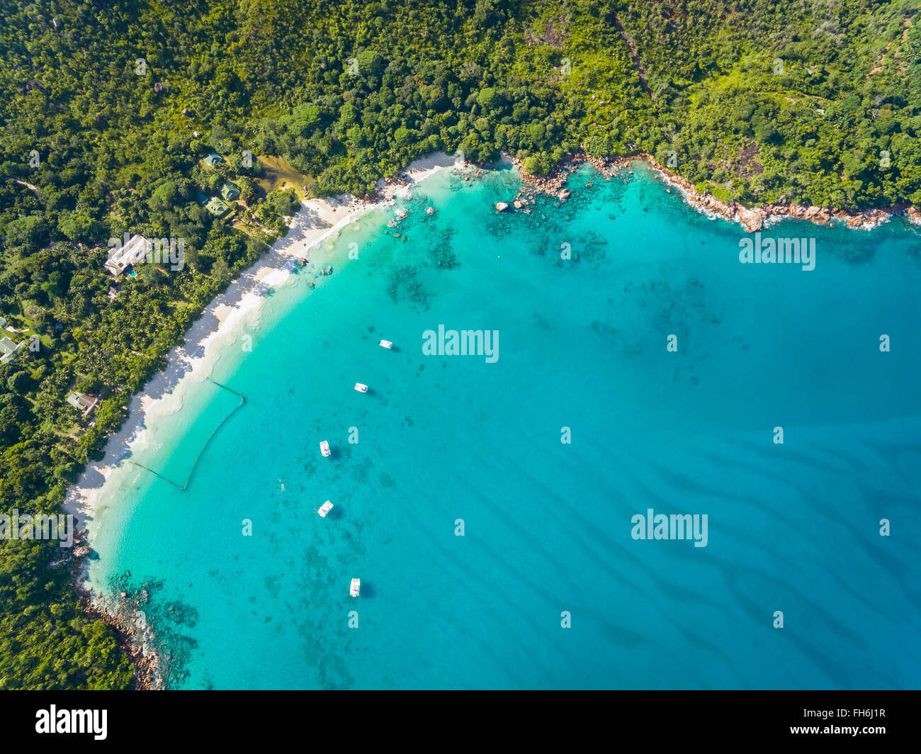 Seychelles, Praslin, Anse Lazio, beach and fishing net, aerial view ...