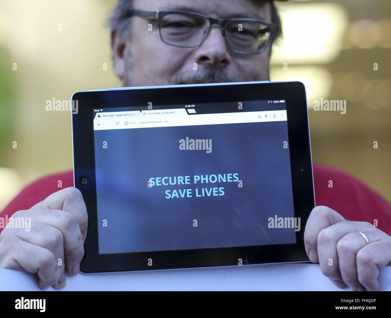 Los Angeles, California, USA. 23rd Feb, 2016. A demonstrator hold up ...