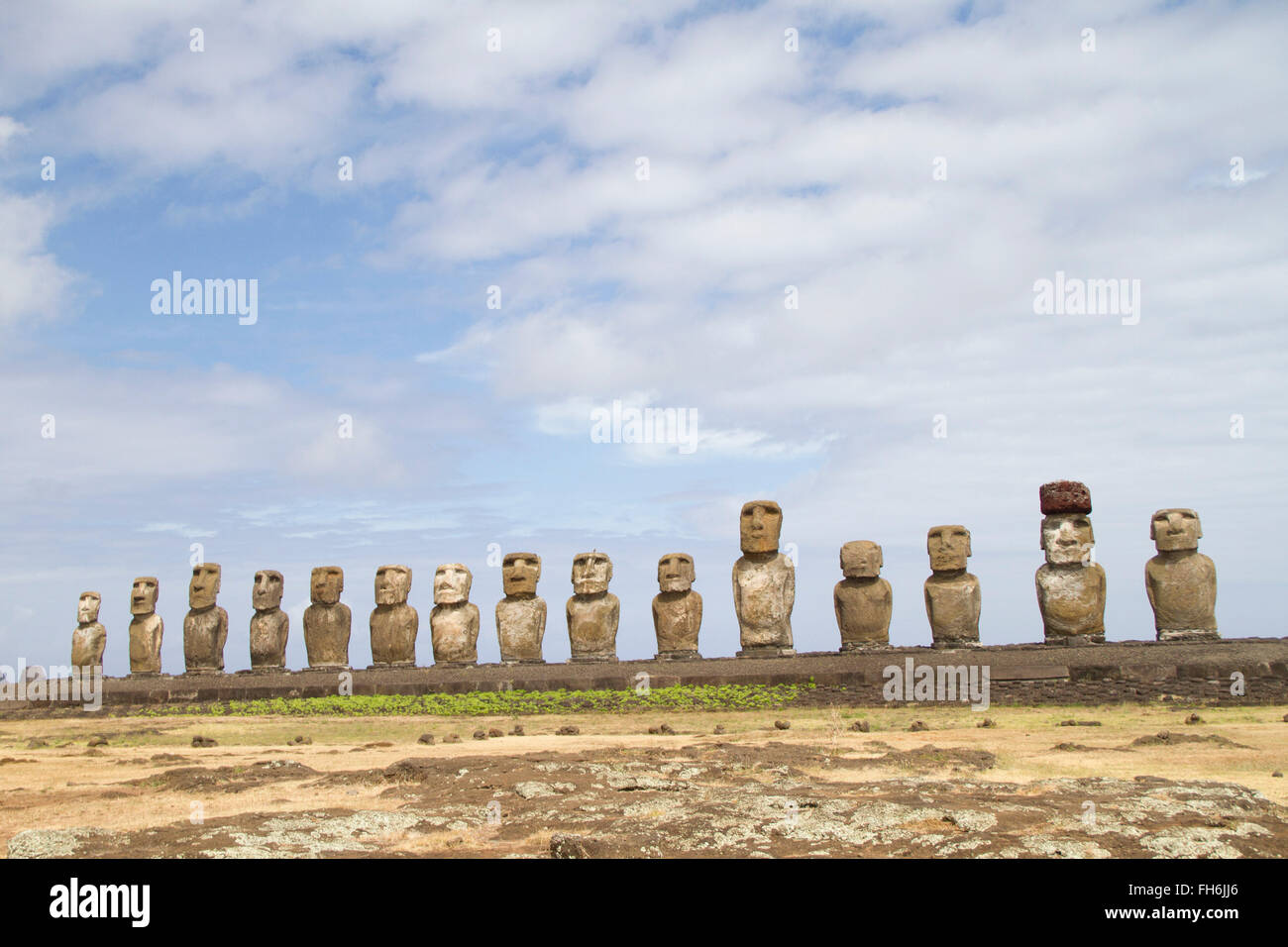 Fifteen moai (statues) on platform at Ahu Tongariki Easter Island ...