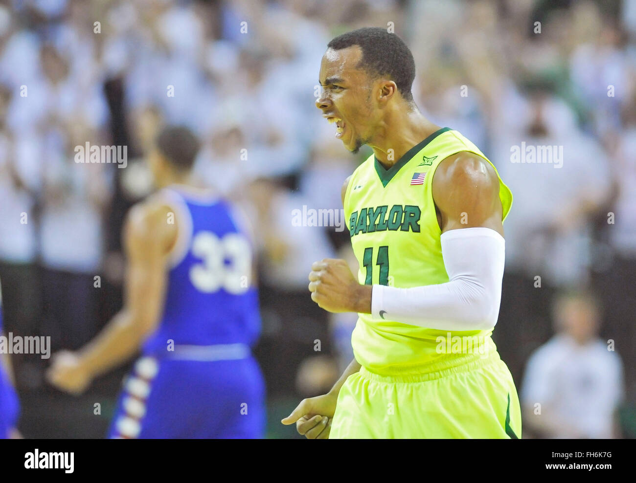 February 23, 2016: Baylor guard Lester Medford celebrates after an ...