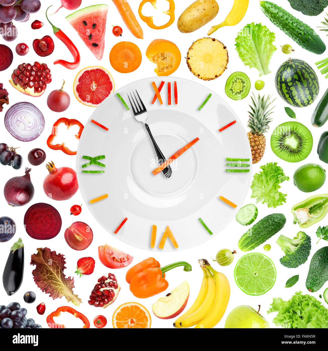Food clock with fruits and vegetables on white background. Diet concept ...