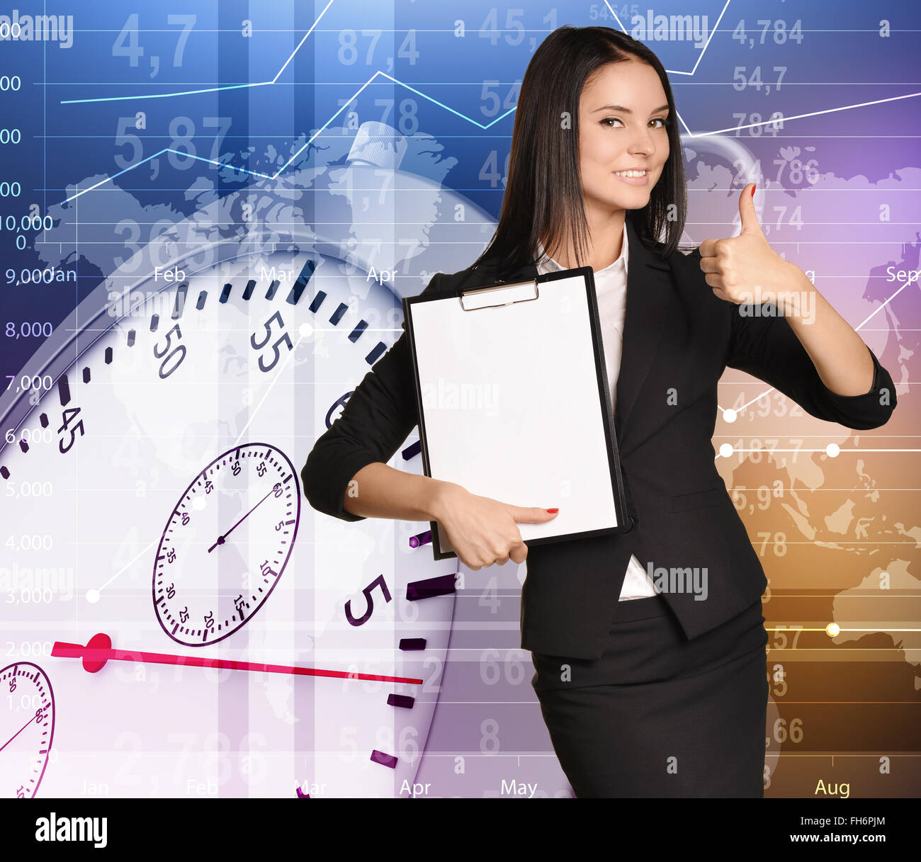 Young girl stands on background stopwatch holding clipboard and showing ...