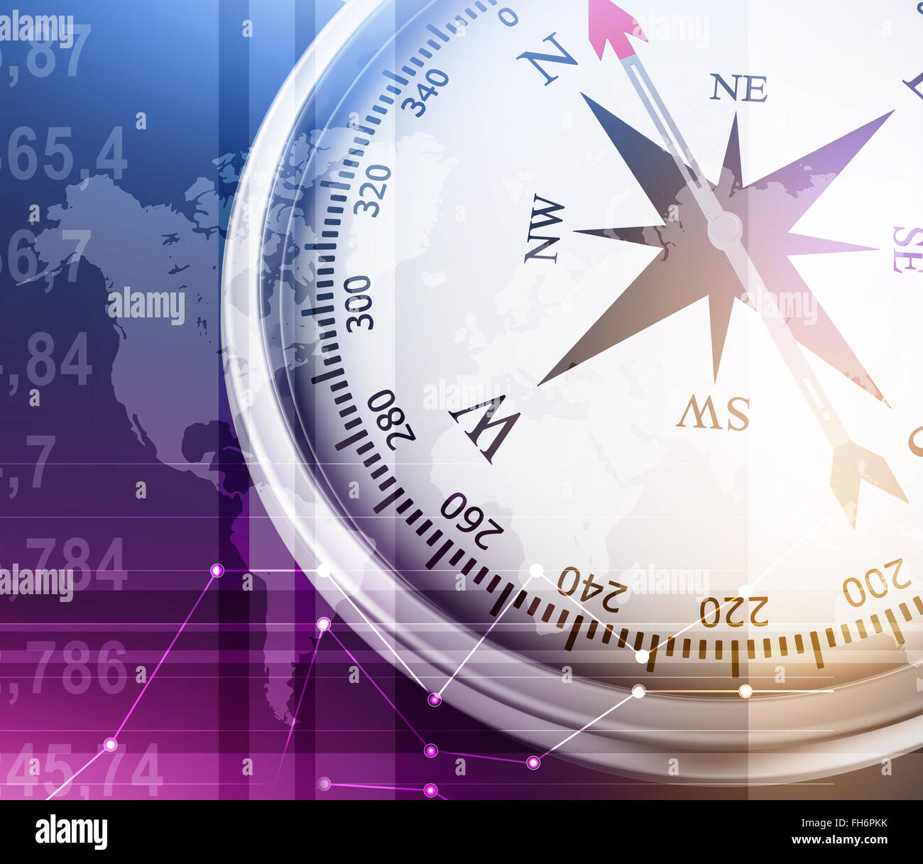 Illustration of compass and world map on colorful background with ...
