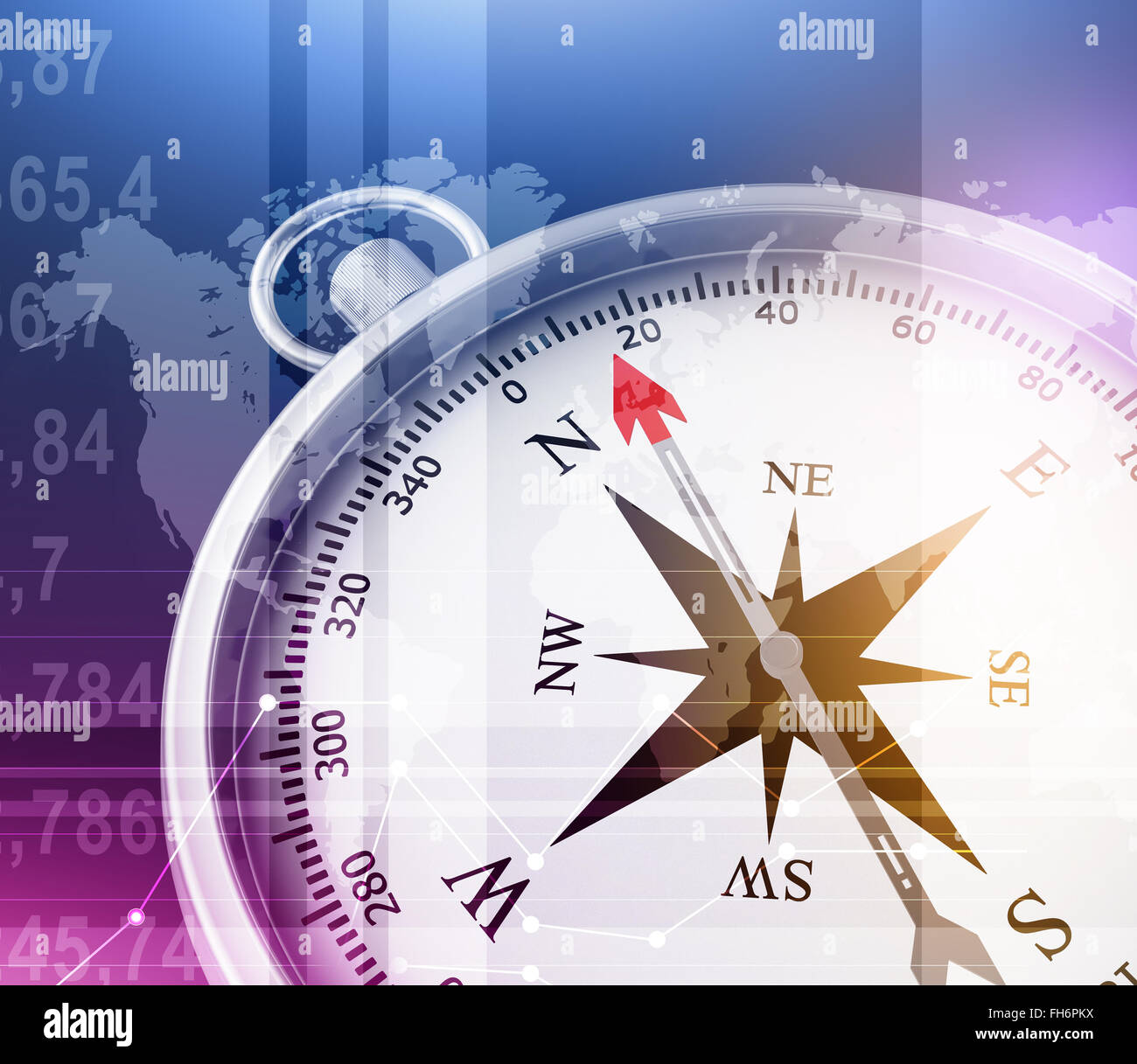 Abstract illustration with compass and world map in the foreground ...